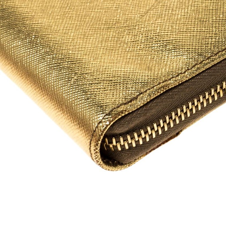 Prada Gold Saffiano Metal Leather Zip Around Wallet at 1stDibs | ruched ...