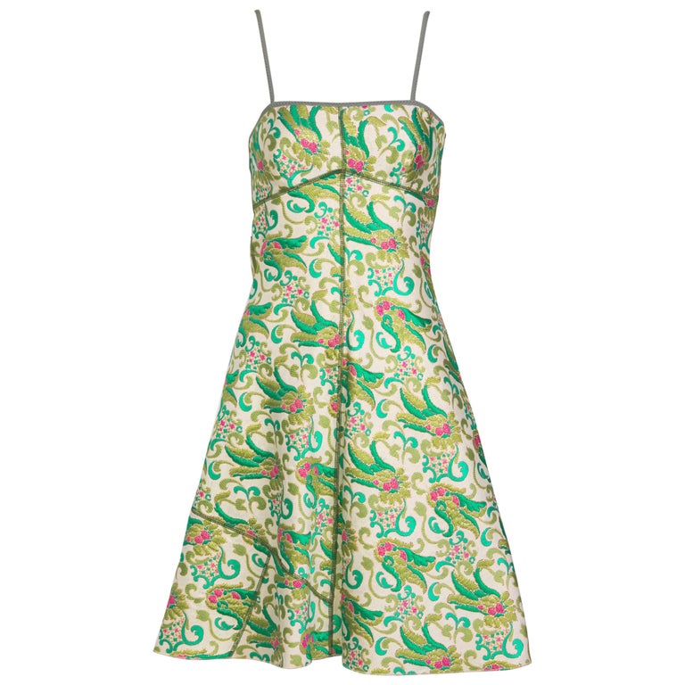 Prada Green Brocade A-Line Sleeveless Dress Spring 2003 For Sale at 1stDibs
