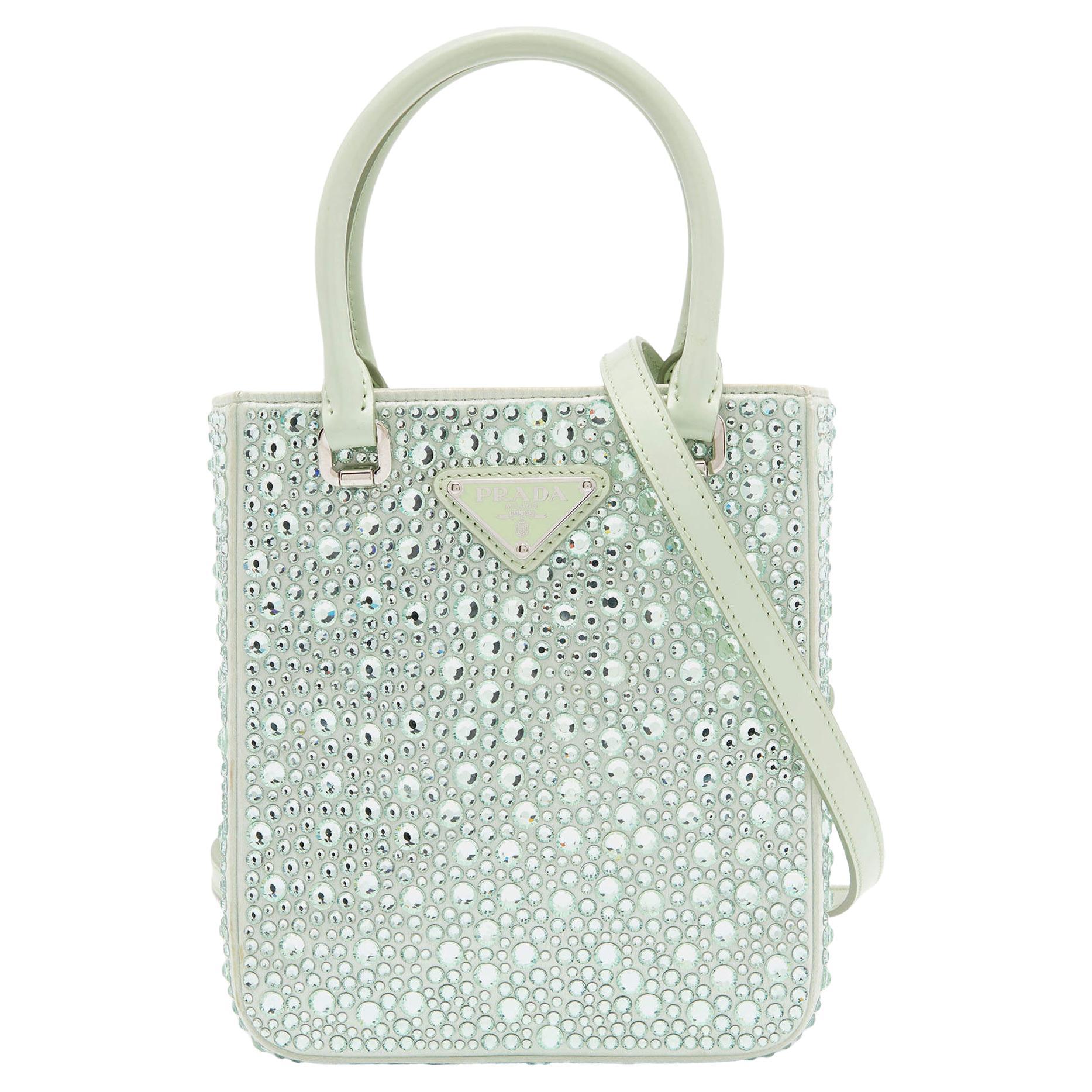 Prada Green Crytal Embellished Satin Small Tote For Sale at 1stDibs
