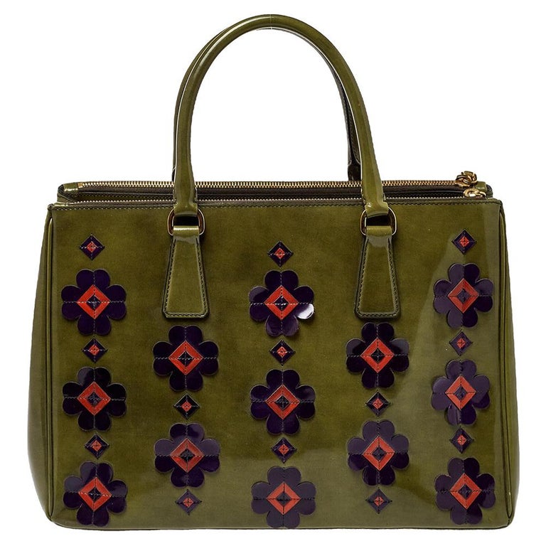 Prada Green Floral Applique Patent Leather Medium Double Zip Tote at ...
