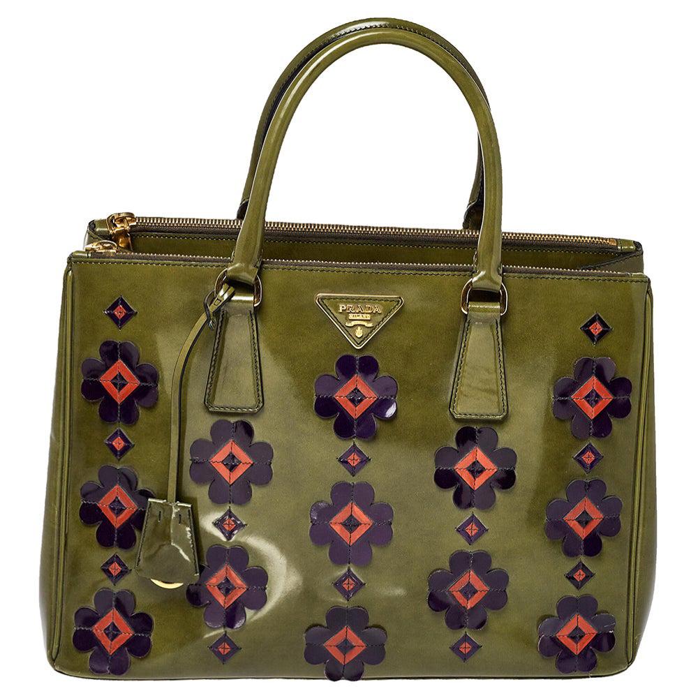 Prada Green Floral Applique Patent Leather Medium Double Zip Tote at ...