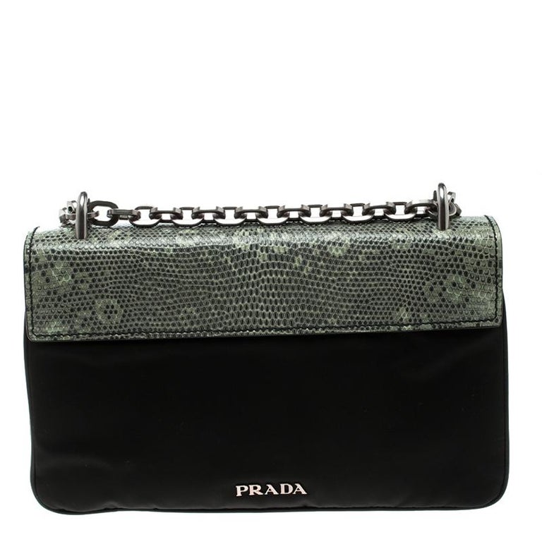 Prada Green Green/Black Nylon and Lizard Shoulder Bag For Sale at 1stDibs