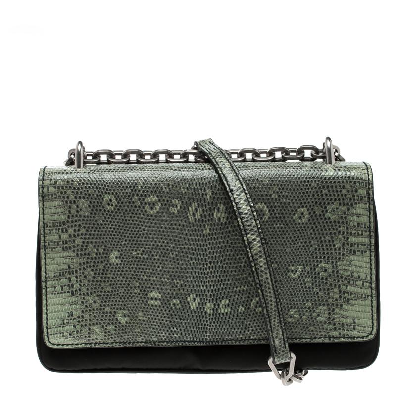 Prada Green Green/Black Nylon and Lizard Shoulder Bag For Sale at 1stDibs