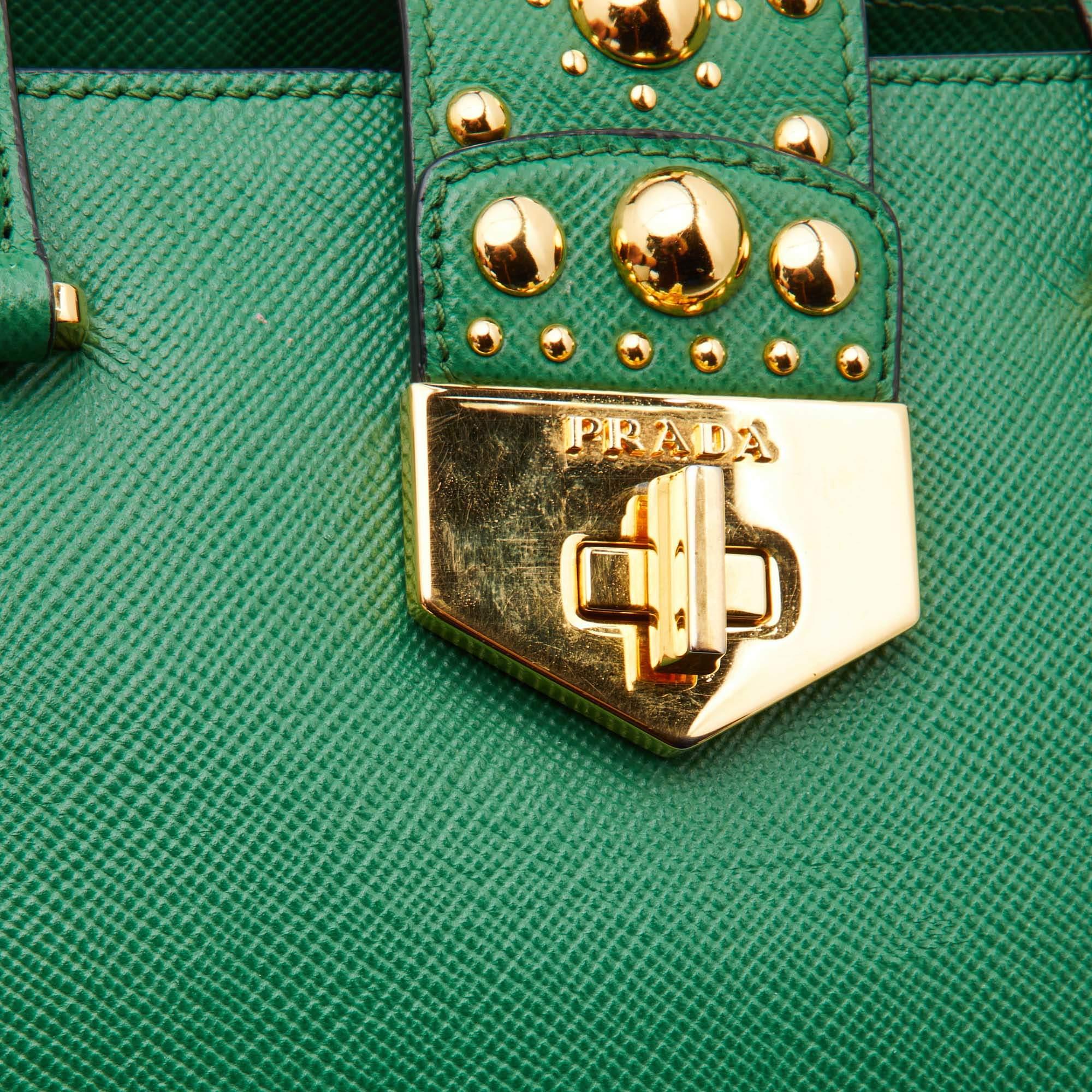 Prada Green Saffiano Leather Promenade Studded Satchel For Sale at 1stDibs