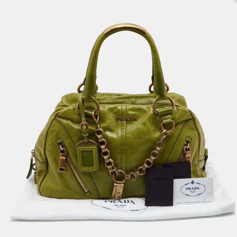 Prada Green Vitello Shine Leather Chain Link Bowler Bag at 1stDibs