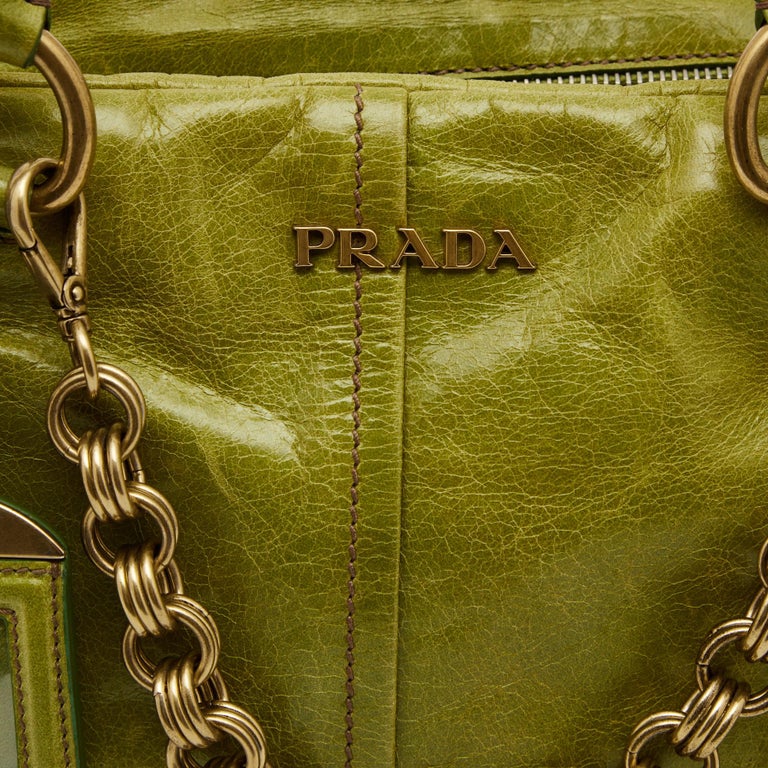 Prada Green Vitello Shine Leather Chain Link Bowler Bag at 1stDibs