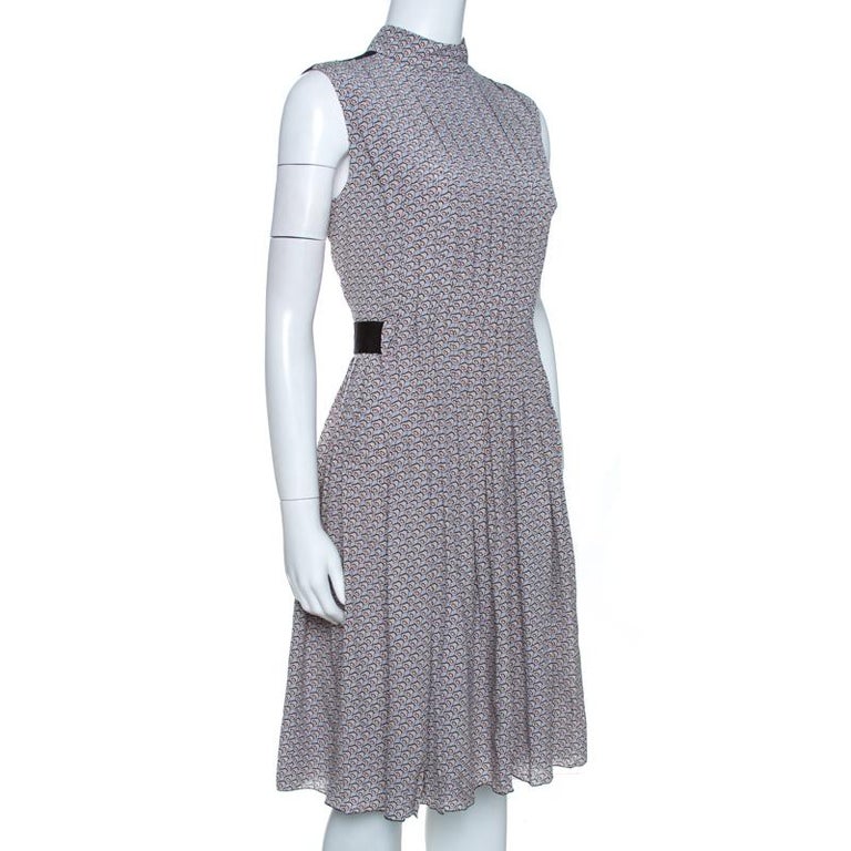 Prada Grey and Mauve Geometric Printed Silk Pleated Dress M For Sale at ...