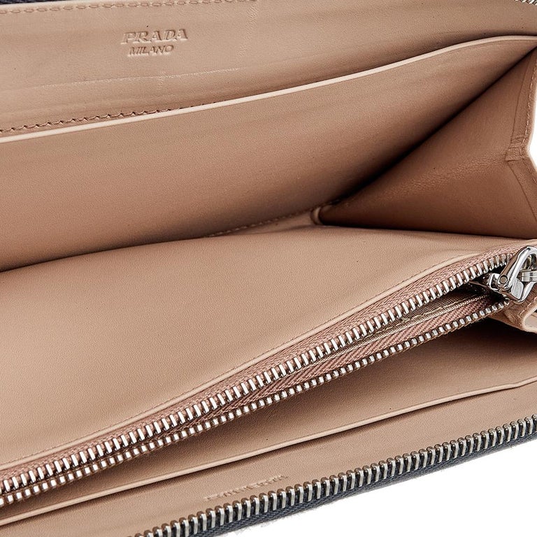 Prada Grey Glossy Leather Zip Around Wallet For Sale at 1stDibs