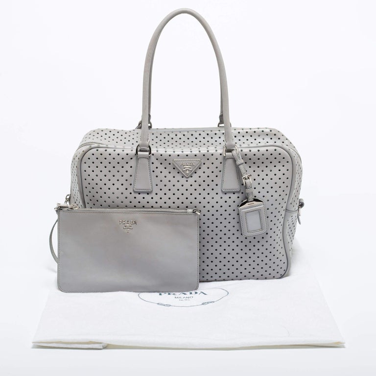 Prada Grey Perforated Leather Boston Bag For Sale at 1stDibs
