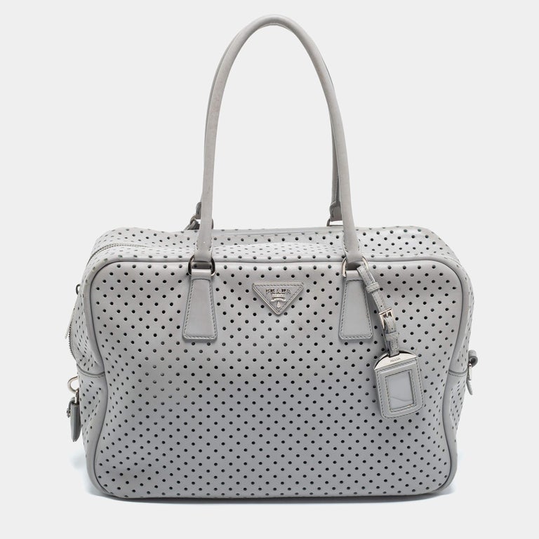 Prada Grey Perforated Leather Boston Bag For Sale at 1stDibs