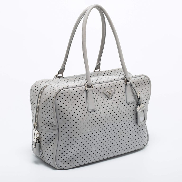 Prada Grey Perforated Leather Boston Bag For Sale at 1stDibs