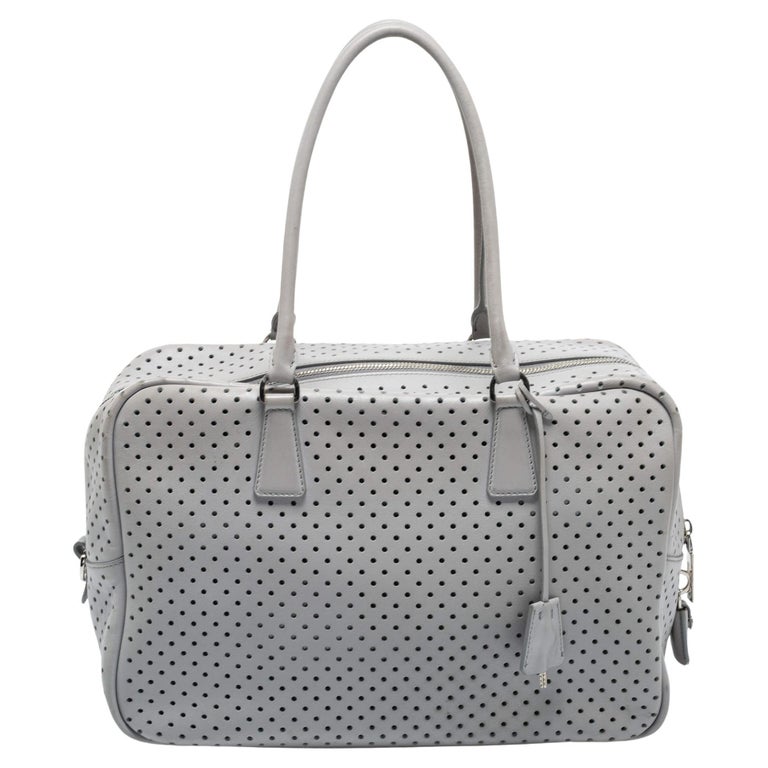 Prada Grey Perforated Leather Boston Bag For Sale at 1stDibs