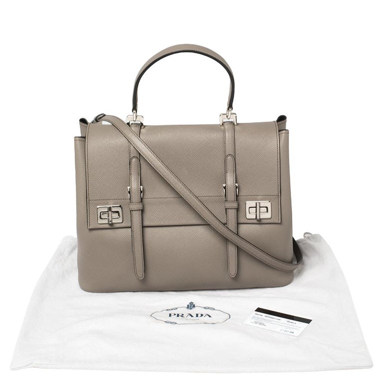 Prada Grey Saffiano Cuir Leather Double Turn Lock Satchel For Sale at ...