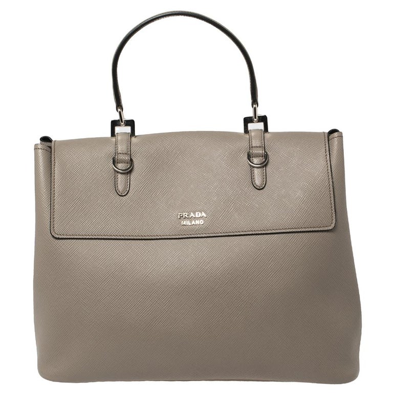 Prada Grey Saffiano Cuir Leather Double Turn Lock Satchel at 1stDibs