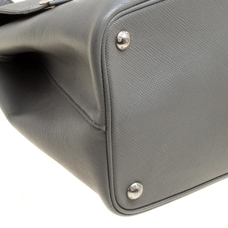 Prada Grey Saffiano Cuir Leather Double Turn Lock Satchel For Sale at ...
