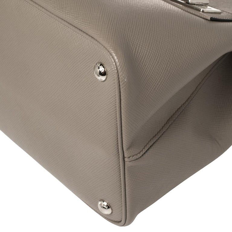 Prada Grey Saffiano Cuir Leather Double Turn Lock Satchel For Sale at ...