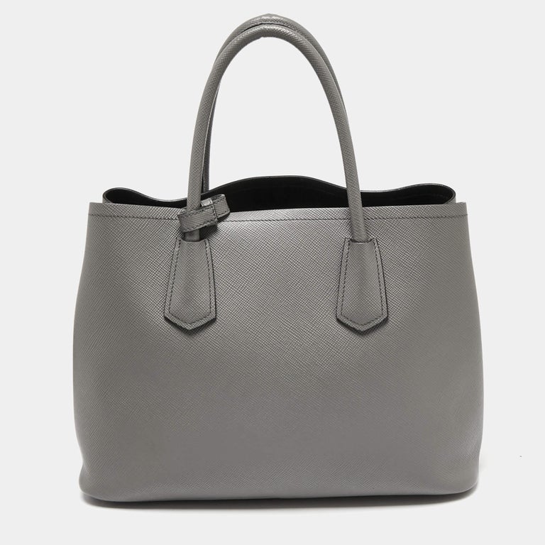 Prada Grey Saffiano Cuir Leather Medium Double Handle Tote For Sale at ...