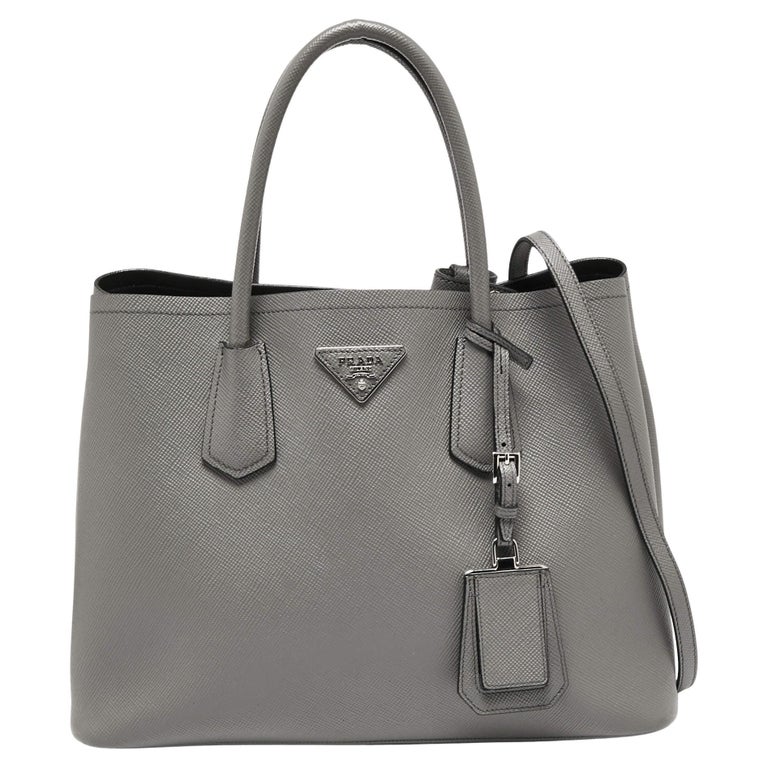 Prada Grey Saffiano Cuir Leather Medium Double Handle Tote For Sale at ...