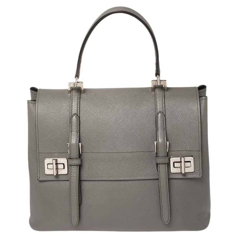 Prada Grey Saffiano Lux Leather Double Turn Lock Top Handle Bag at 1stDibs