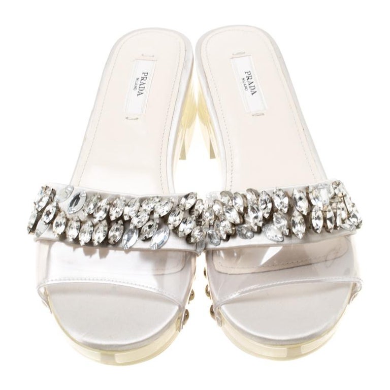 Prada Grey Satin And PVC Crystal Embellished Platform Slides Size 36 ...