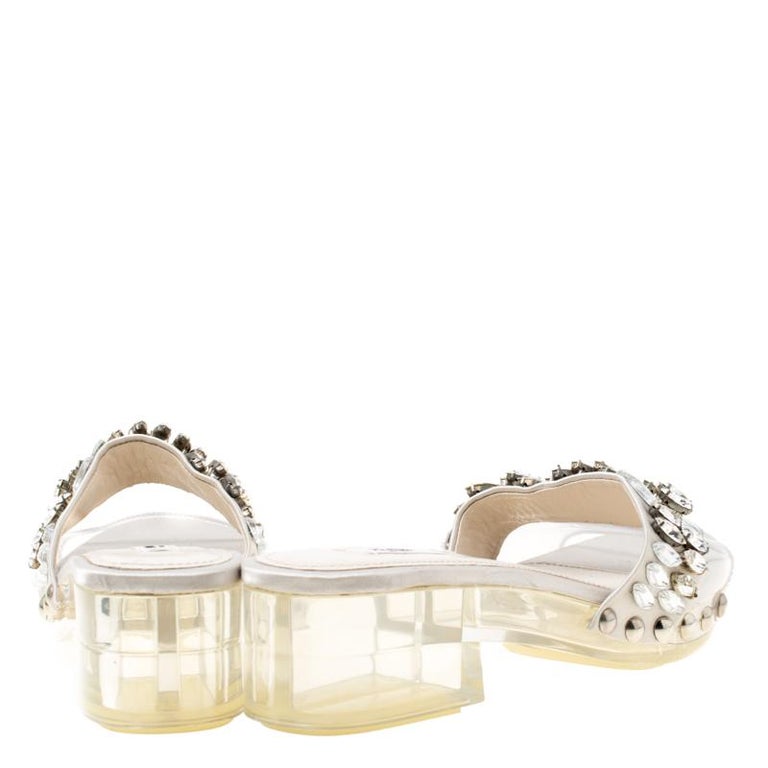 Prada Grey Satin And PVC Crystal Embellished Platform Slides Size 36 ...