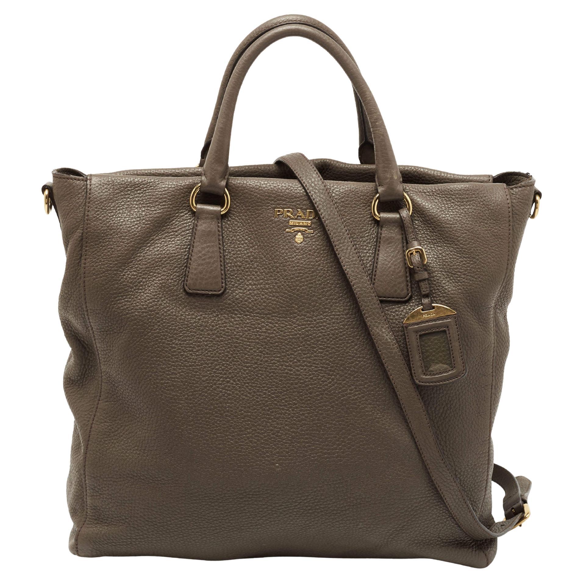 Prada Grey Vitello Daino Leather Shopper Tote For Sale at 1stDibs