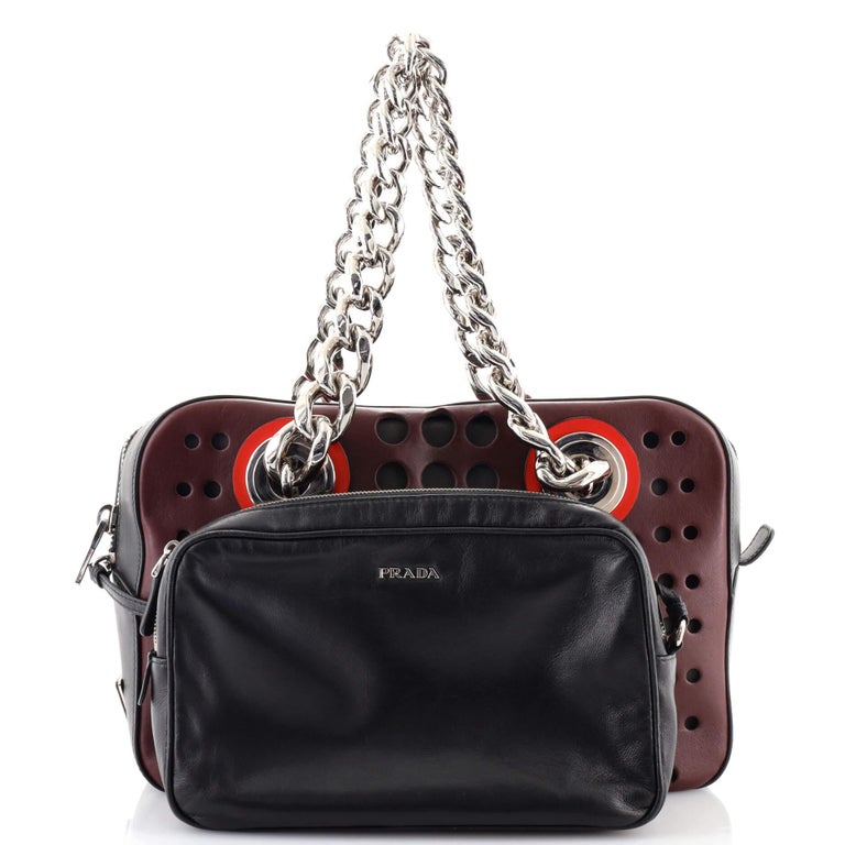 Prada Grommet Chain Shoulder Bag Perforated Leather Medium For Sale at ...