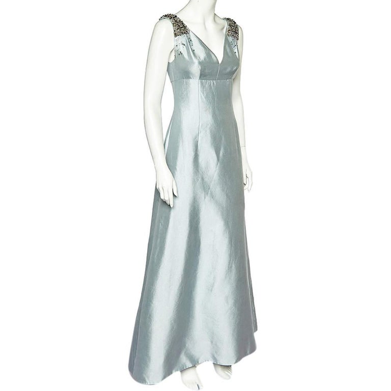 Prada Icy Blue Wool and Silk Embellished Detail Sleeveless Gown S For ...