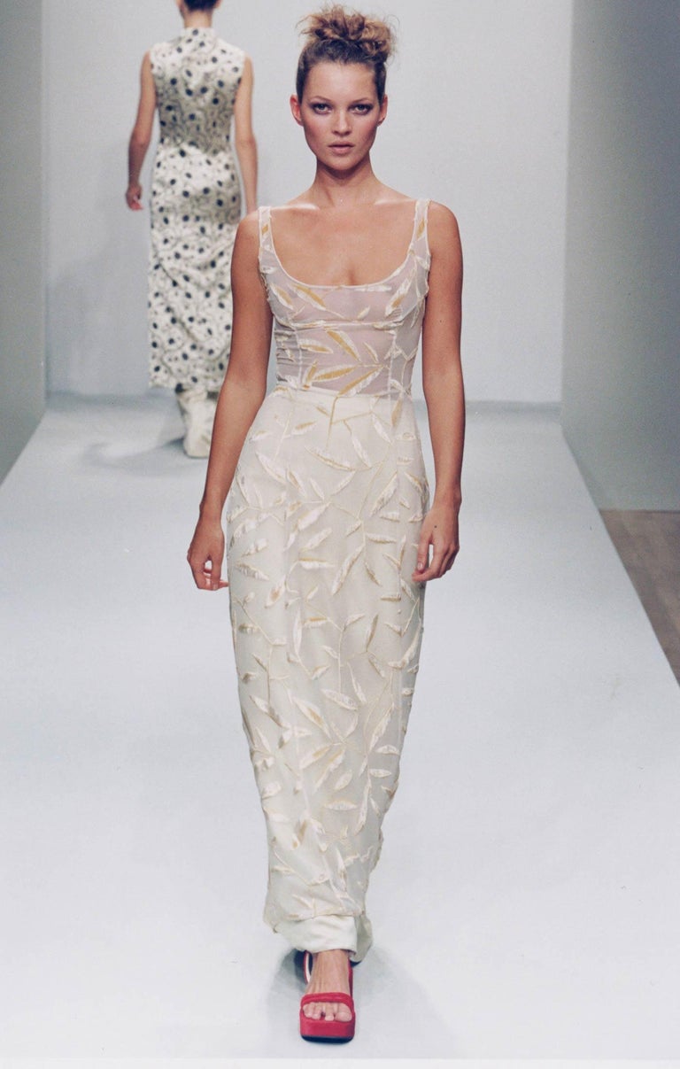 Prada ivory silk devoré floral maxi dress with train and slip dress, ss ...