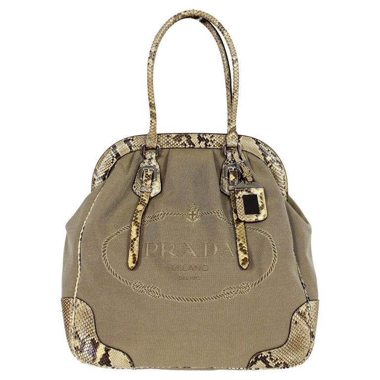 Prada Jacquard Beige Leather Canvas Tote Bag For Sale at 1stDibs