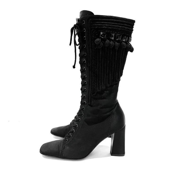 Prada Lace Up Tassel Satin Boot For Sale at 1stDibs