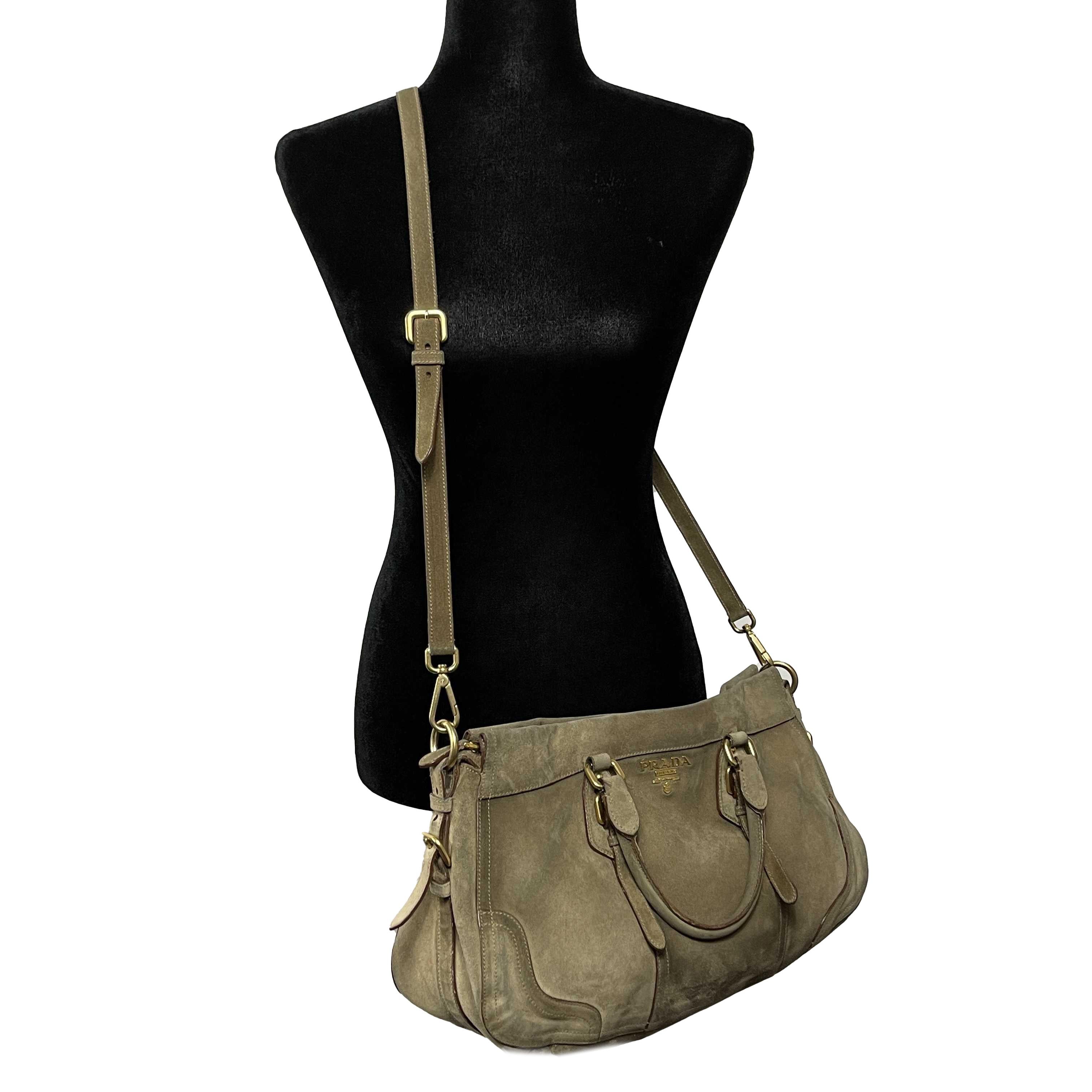PRADA Large Suede Buckle Bowling Bag Camel Top Handle w/ Shoulder Strap ...
