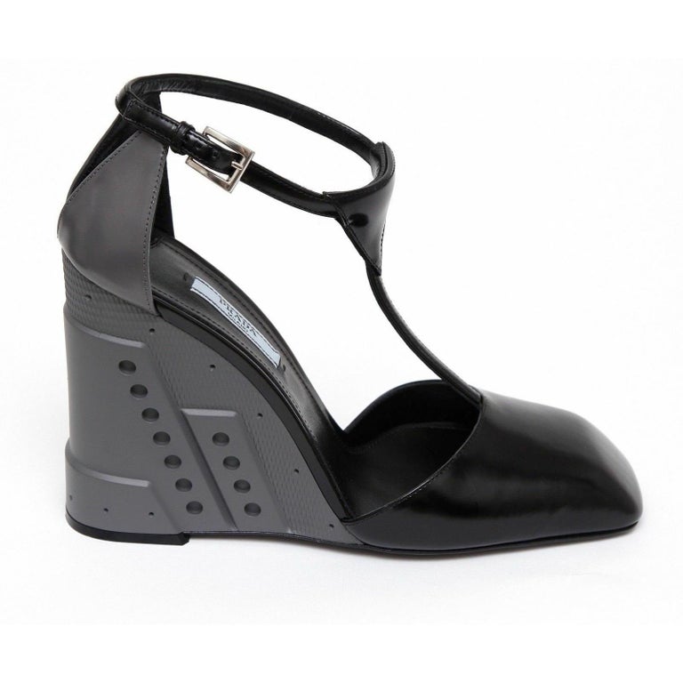 PRADA Leather Wedge T-Strap Pump Shoe Black Grey Resin Silver Buckle 39.5 NEW For Sale at 1stDibs