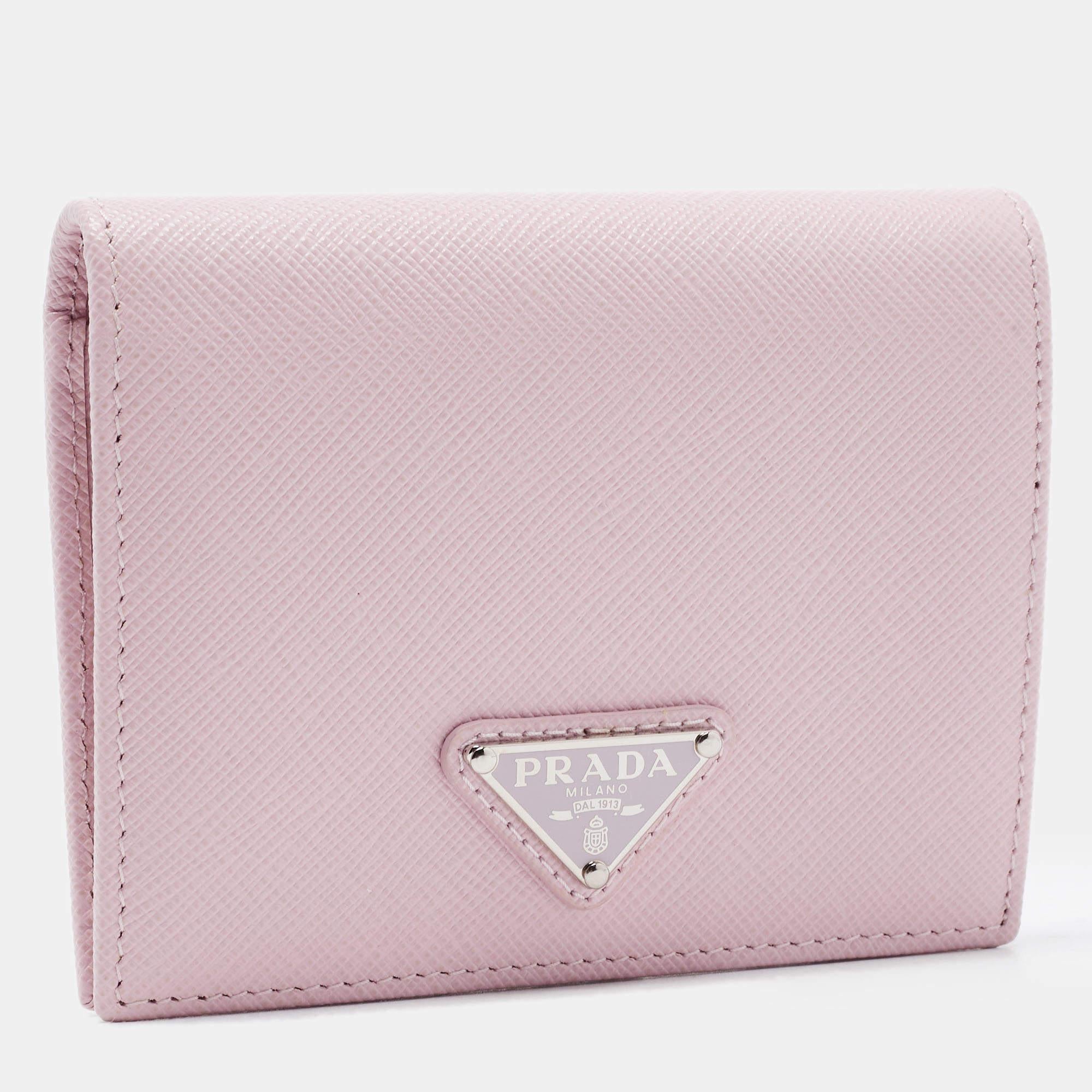 Prada Light Pink Saffiano Metal Leather Bifold Compact Wallet For Sale ...