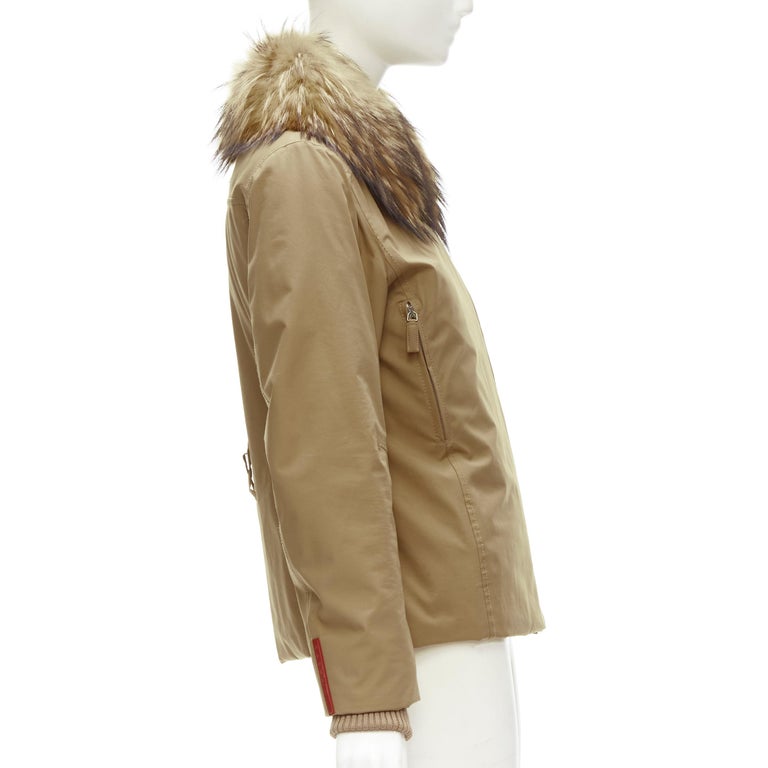 PRADA Linea Rossa light brown nylon fur collar padded parka jacket IT38 S For Sale at 1stDibs