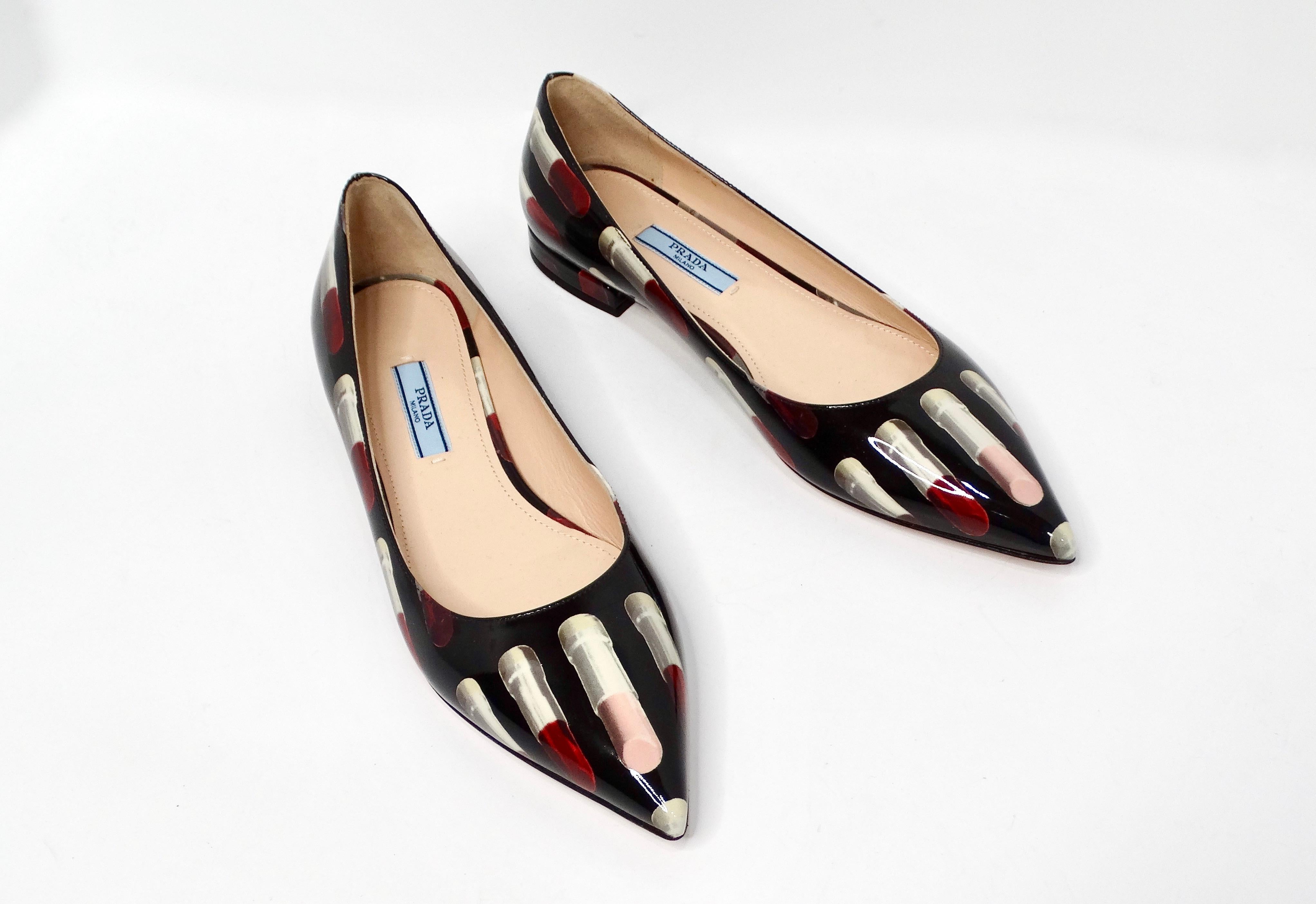Prada Lipstick Print Patent Leather Pointed Flats For Sale at 1stDibs