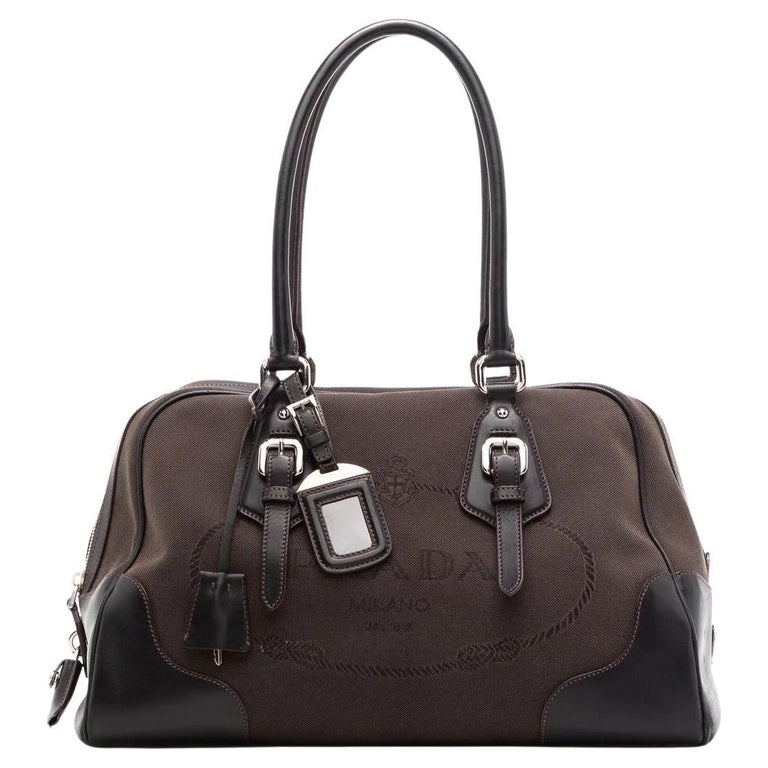 Prada Logo Canvas and Leather Bowling Handbag For Sale at 1stDibs