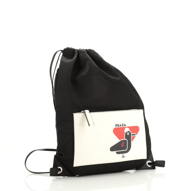 Prada Logo Drawstring Backpack Tessuto with Printed Saffiano Medium at ...