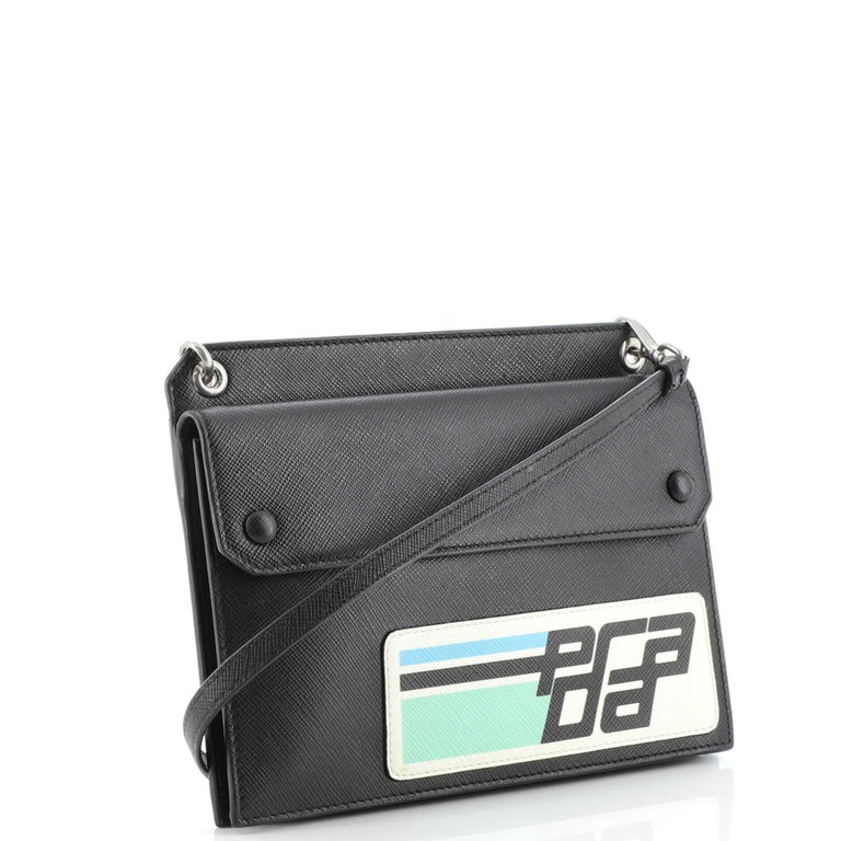 Prada Logo Patch Crossbody Bag Saffiano Leather Mini For Sale at 1stDibs