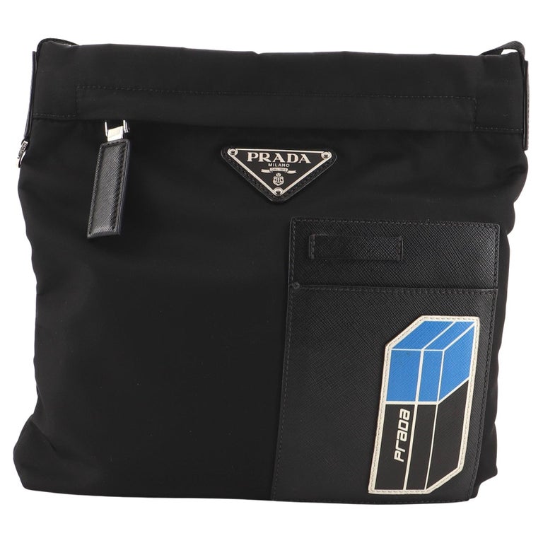 Prada Logo Patch Front Zip Messenger Bag Tessuto Medium at 1stDibs