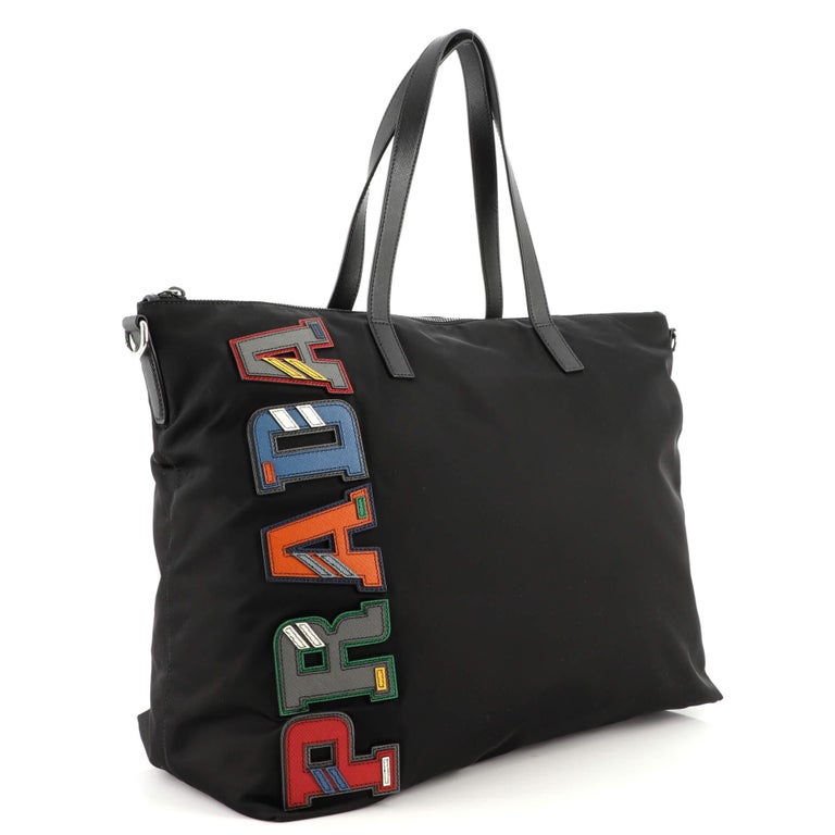 Prada Logo Patches Convertible Tote Tessuto with Saffiano Leather Large ...