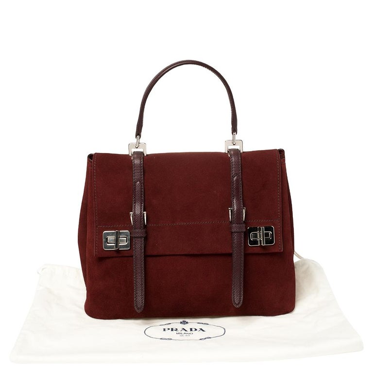 Prada Maroon Suede and Leather Double Turn Lock Top Handle Bag at 1stDibs