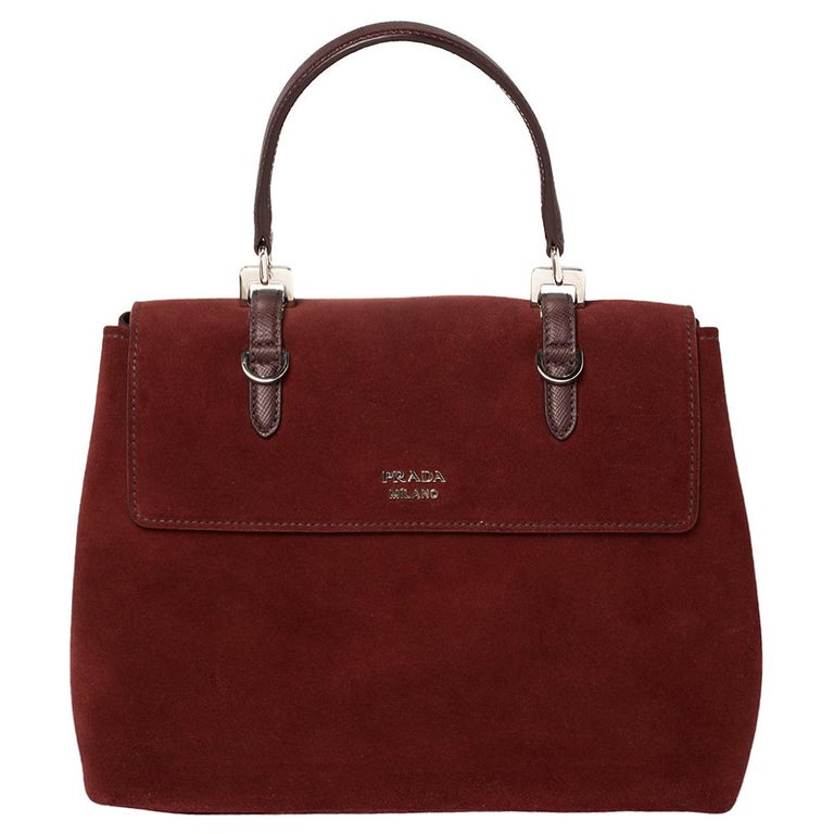 Prada Maroon Suede and Leather Double Turn Lock Top Handle Bag at 1stDibs