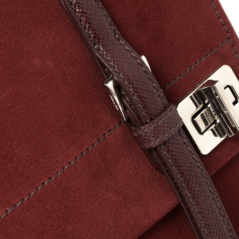 Prada Maroon Suede and Leather Double Turn Lock Top Handle Bag at 1stDibs