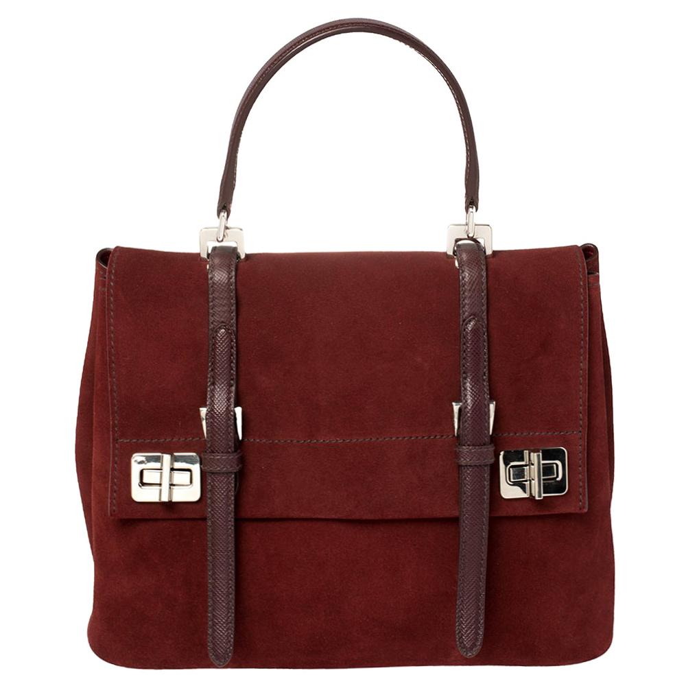 Prada Maroon Suede and Leather Double Turn Lock Top Handle Bag at 1stDibs