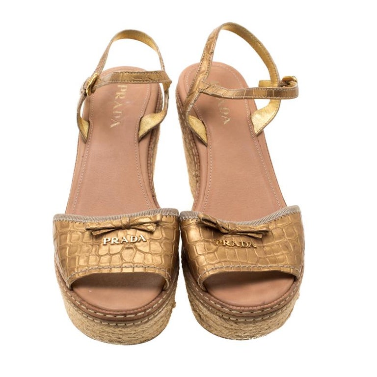 Prada Metallic Gold Croc Embossed Leather Espadrille Wedge Ankle Strap ...
