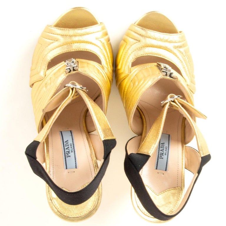 PRADA metallic gold leather QUILTED BLOCK HEEL Sandals Shoes 36.5 at ...
