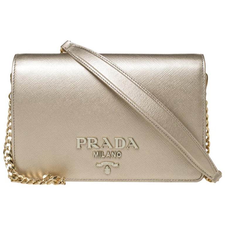 Prada Metallic Gold Saffiano Leather Logo Flap Chain Shoulder Bag at ...