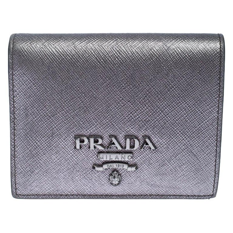 Prada Metallic Grey Saffiano Leather Compact Wallet For Sale at 1stDibs