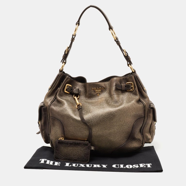 Prada Metallic Moss Vitello Daino Leather Side Pocket Hobo For Sale at ...